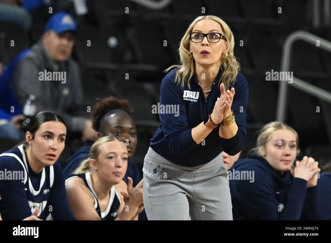 Oral Roberts Golden Eagles head coach Kelsi Musick cheers during an ...