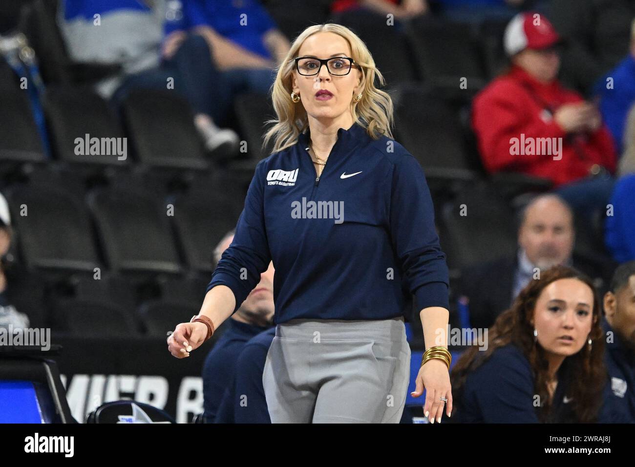 Oral Roberts Golden Eagles head coach Kelsi Musick looks on during an ...