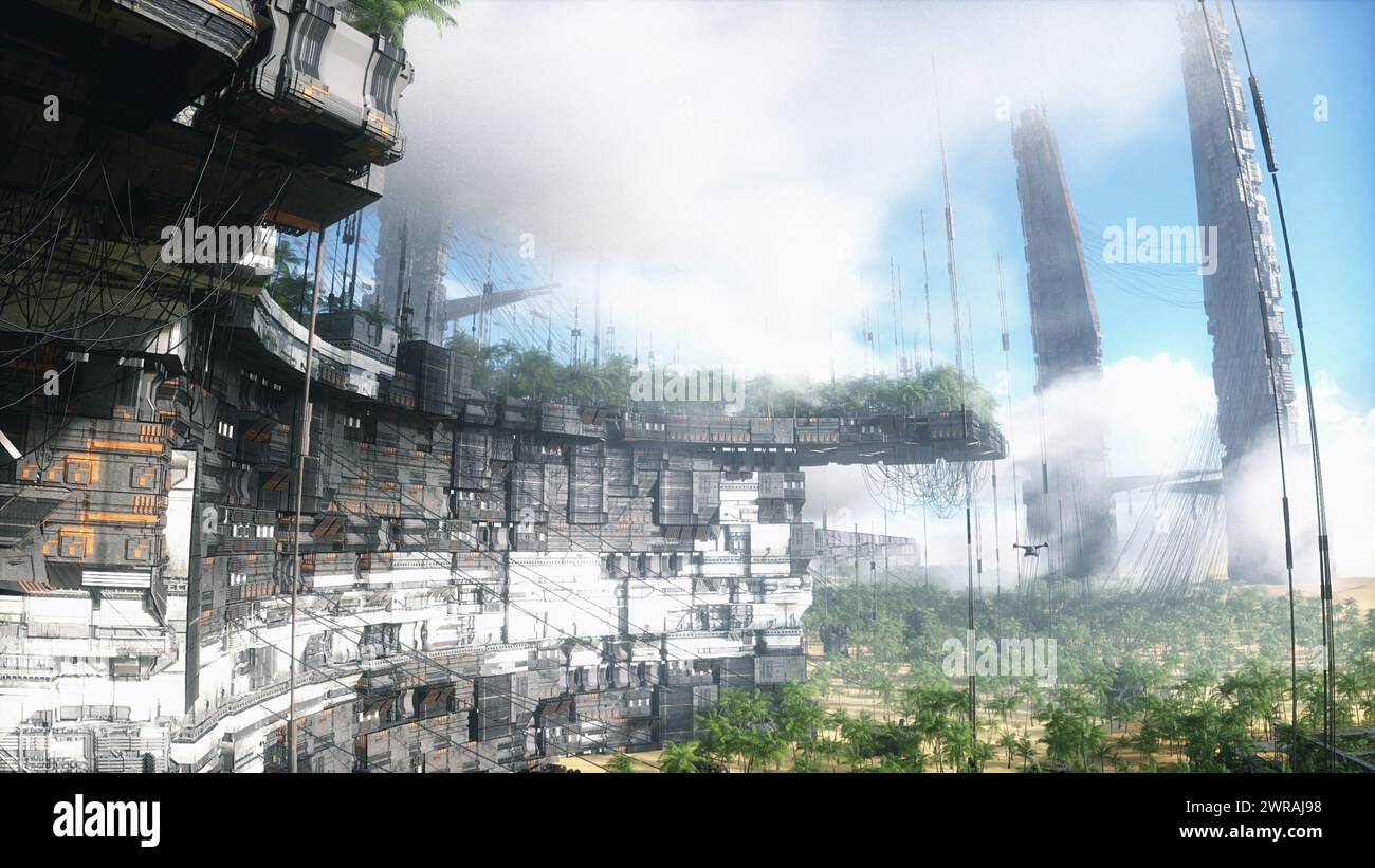 Futuristic city in desert, flying cars and ships traffic. Future ...