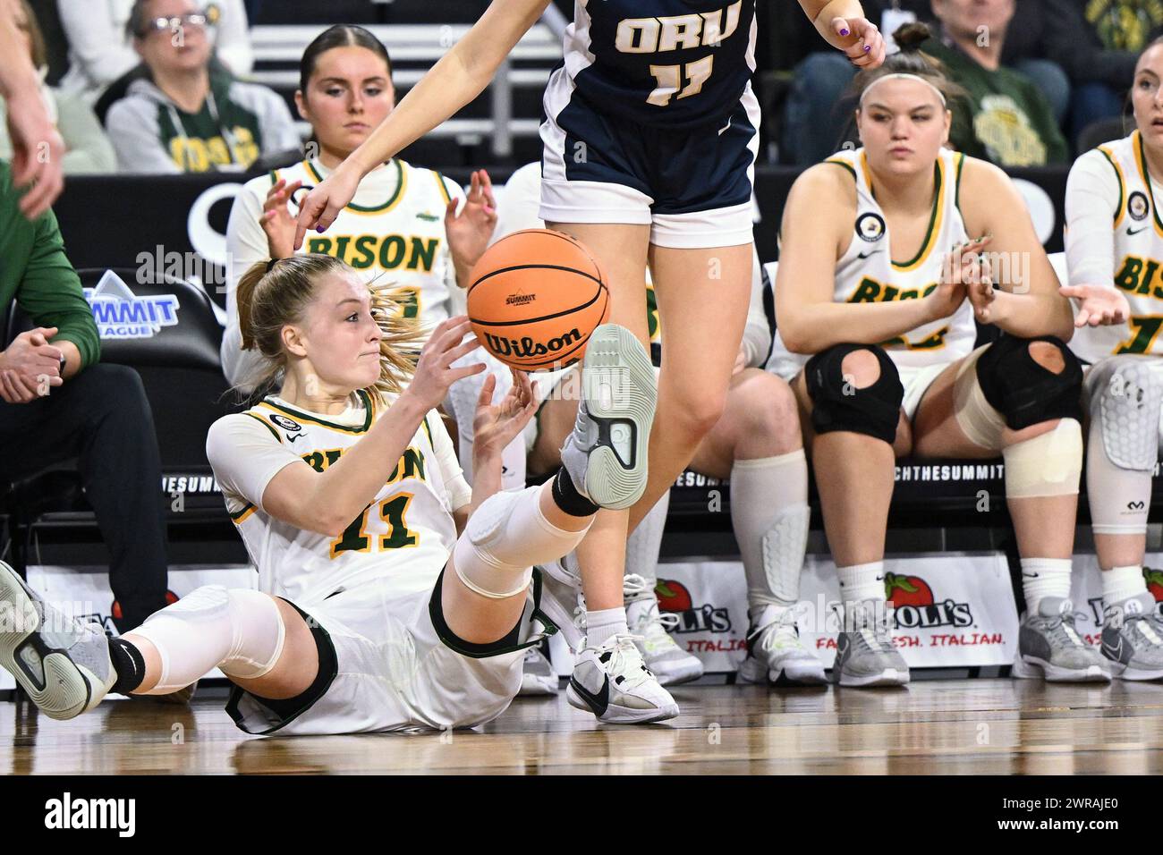 North Dakota State Bison guard Heaven Hamling (11) attempts to keep a ...