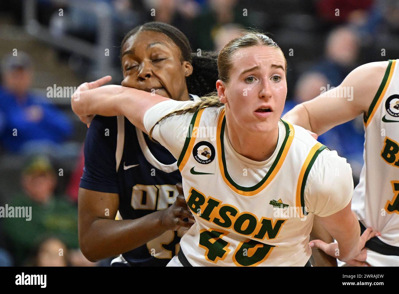 North Dakota State Bison guard Abby Krzewinski (40) boxes out an ORU ...
