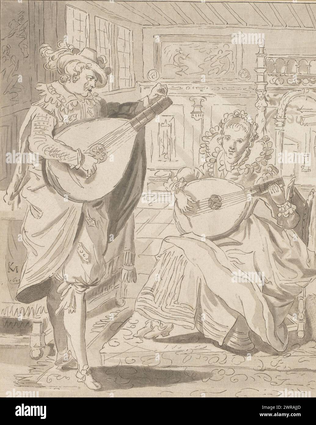 Lute-playing gentleman and lady, Interior with a man and a woman, both ...
