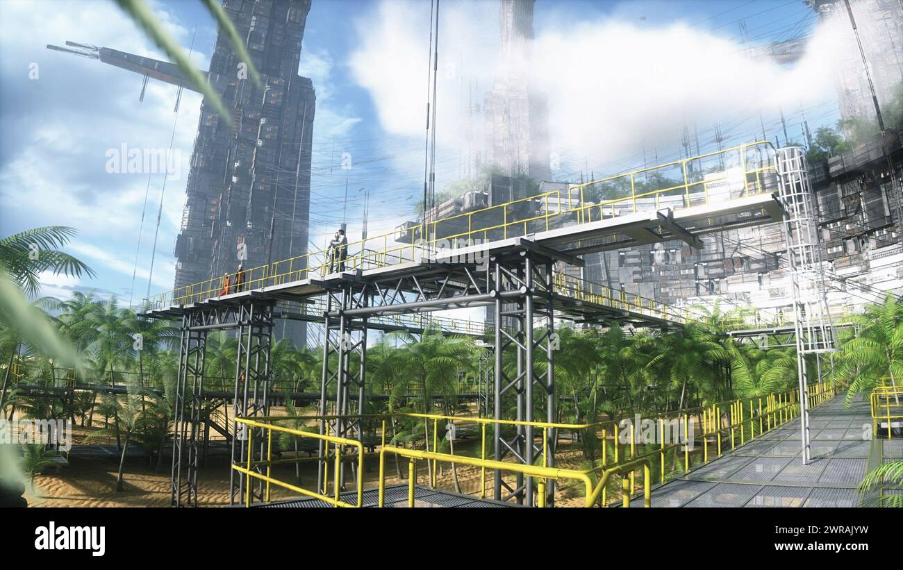 People and robot in Futuristic city in desert, flying cars and ships ...