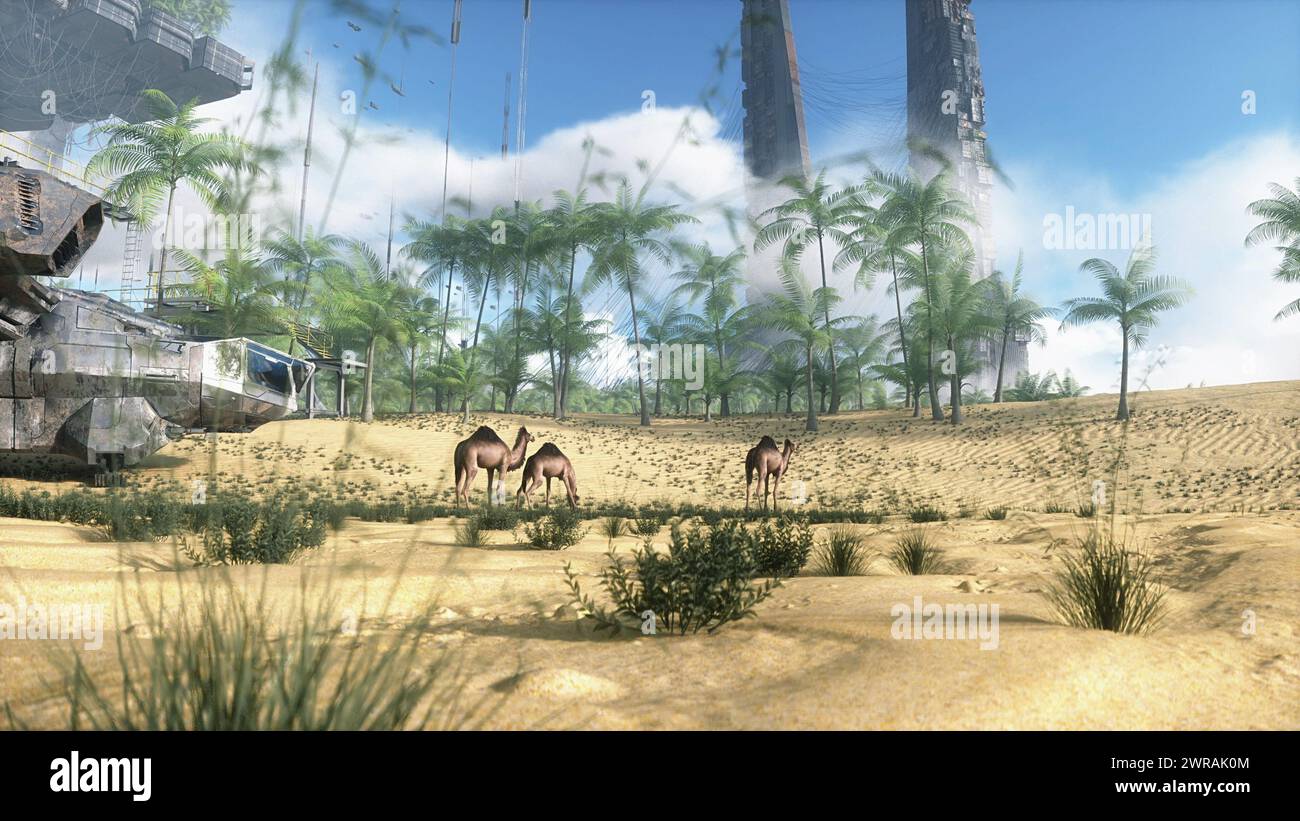 Camel walking in futuristic desert, sci fi city. Future architecture ...