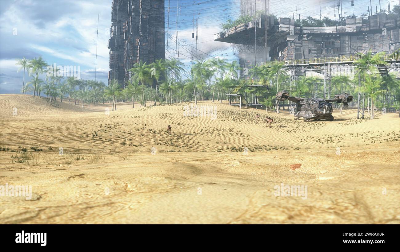 Camel walking in futuristic desert, sci fi city. Future architecture ...
