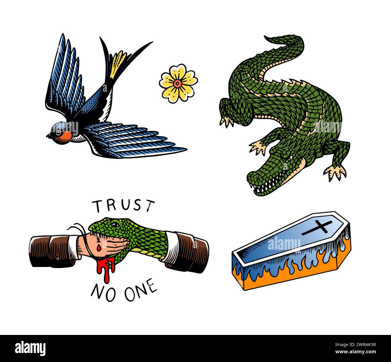 Old school Tattoo. Swallow, alligator, crocodile, snake bites hand ...