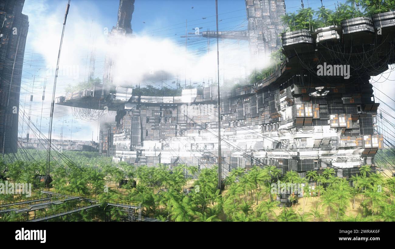 Futuristic city in desert, flying cars and ships traffic. Future ...