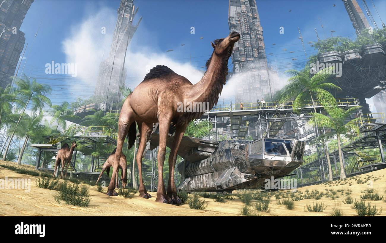 Camel walking in futuristic desert, sci fi city. Future architecture ...