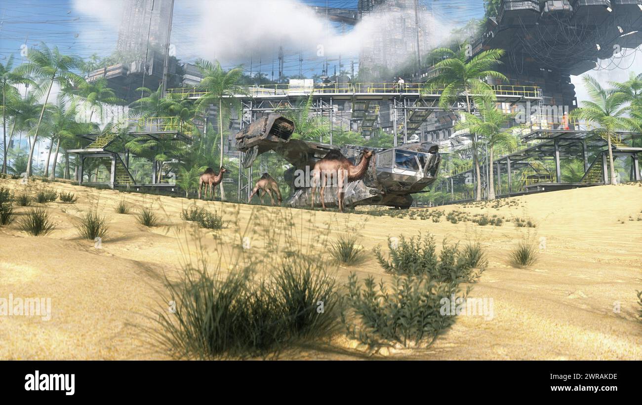 Camel walking in futuristic desert, sci fi city. Future architecture ...