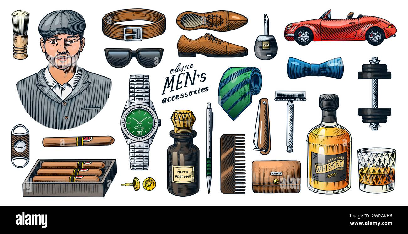 Gentleman accessories set. Hipster or businessman, victorian era, car ...