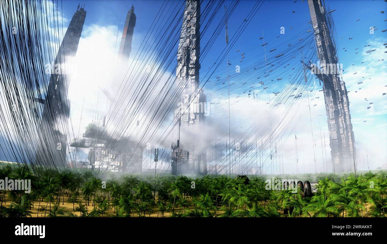 Futuristic city in desert, flying cars and ships traffic. Future ...