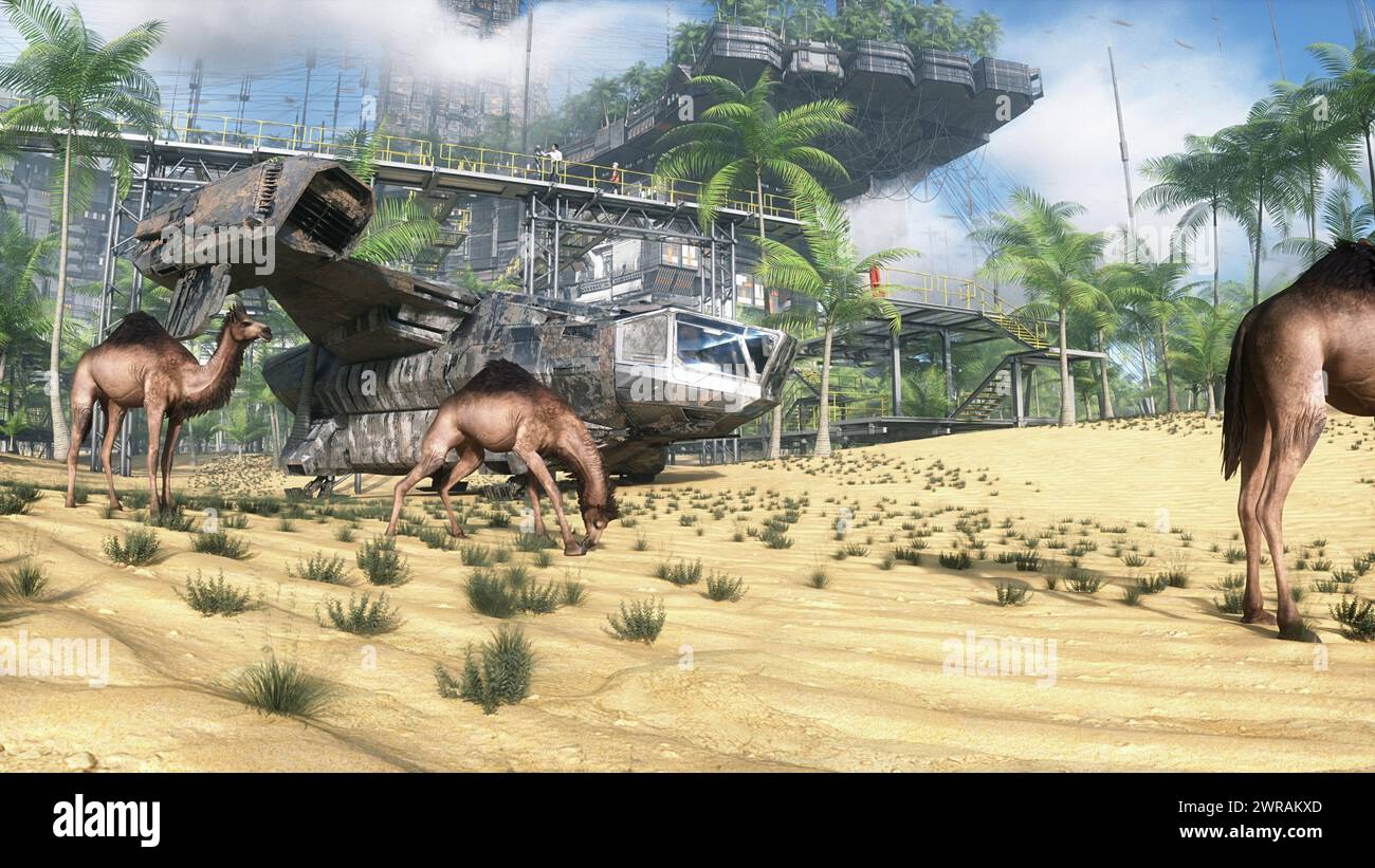 Camel walking in futuristic desert, sci fi city. Future architecture ...
