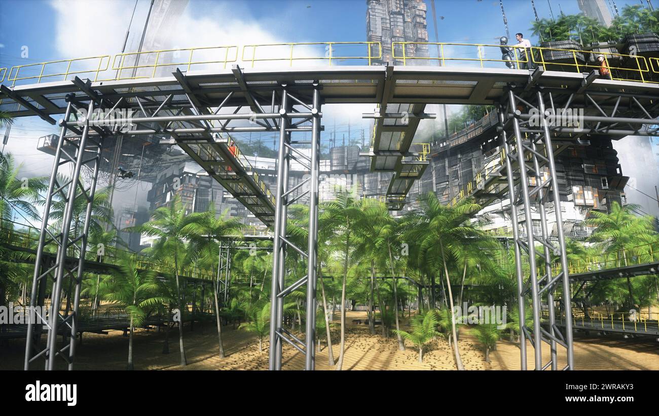 People and robot in Futuristic city in desert, flying cars and ships ...