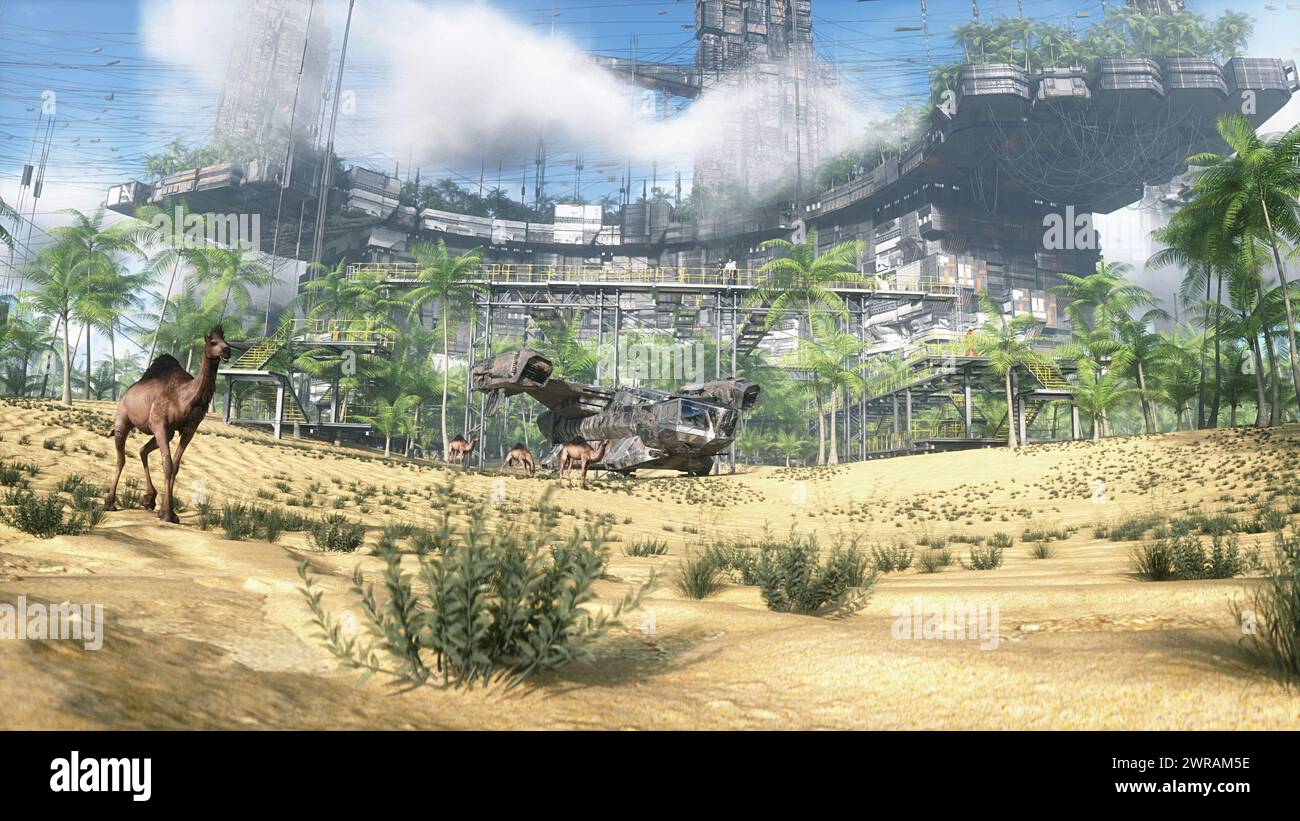 Camel walking in futuristic desert, sci fi city. Future architecture ...
