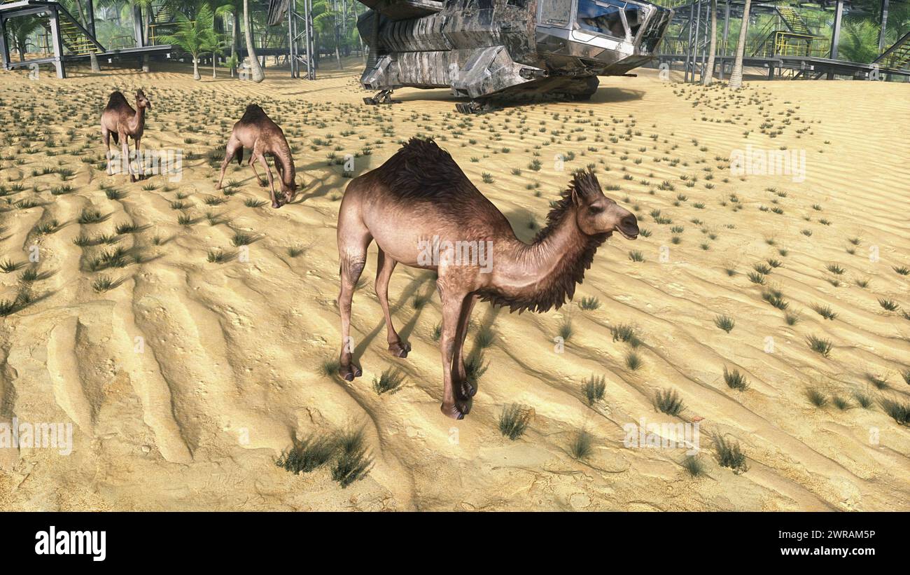 Camel walking in futuristic desert, sci fi city. Future architecture ...