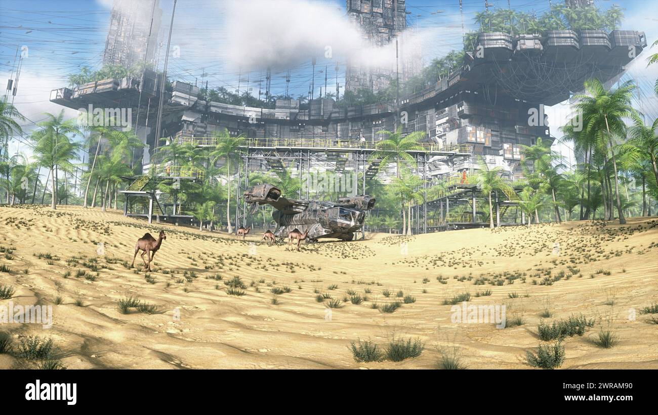 Camel walking in futuristic desert, sci fi city. Future architecture ...