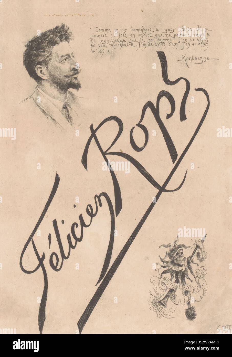 Portrait of Félicien Rops and macabre fool's flask, print maker ...