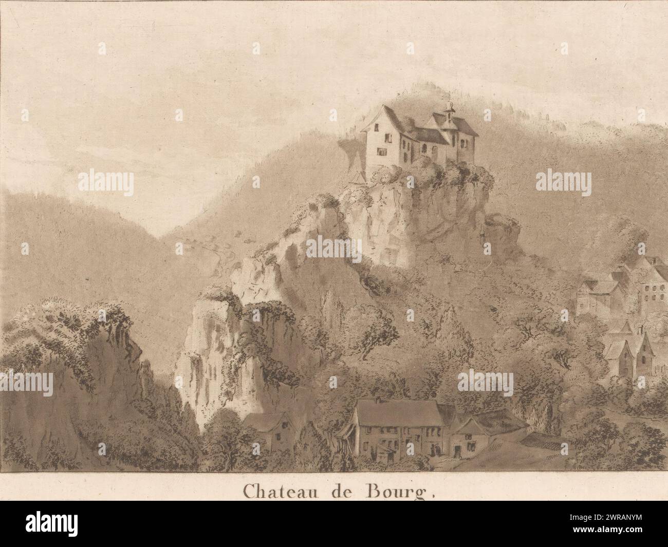 Swiss mountain landscape with village and castle, Chateau de Bourg ...