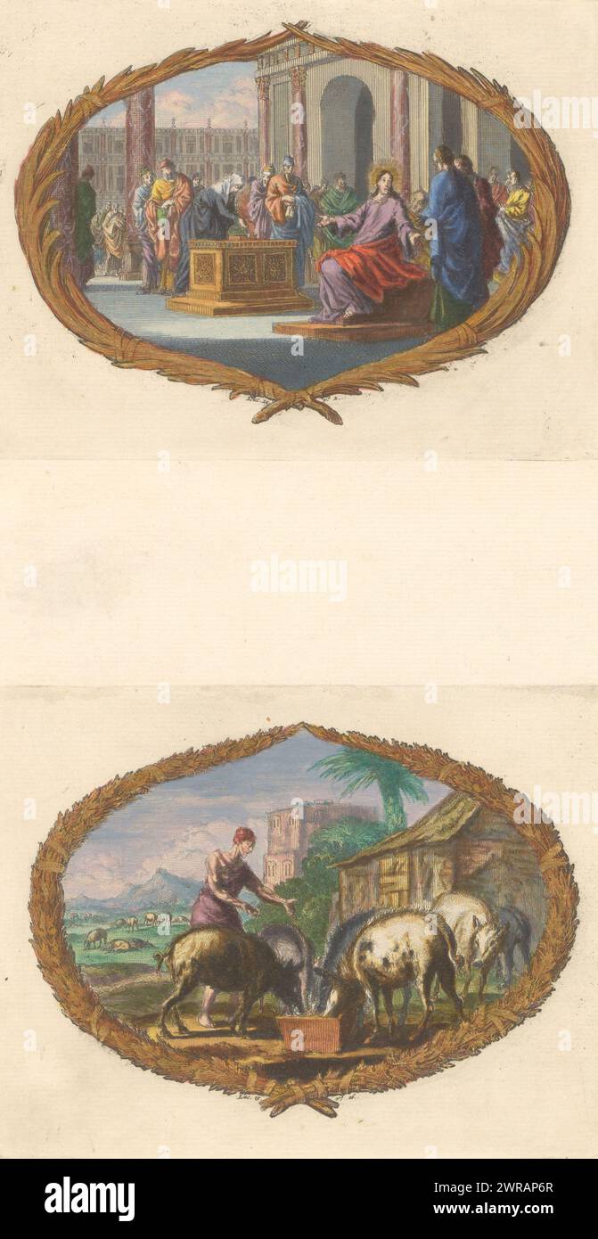 Leaf with two vignettes, Leaf with two vignettes between palm branches ...