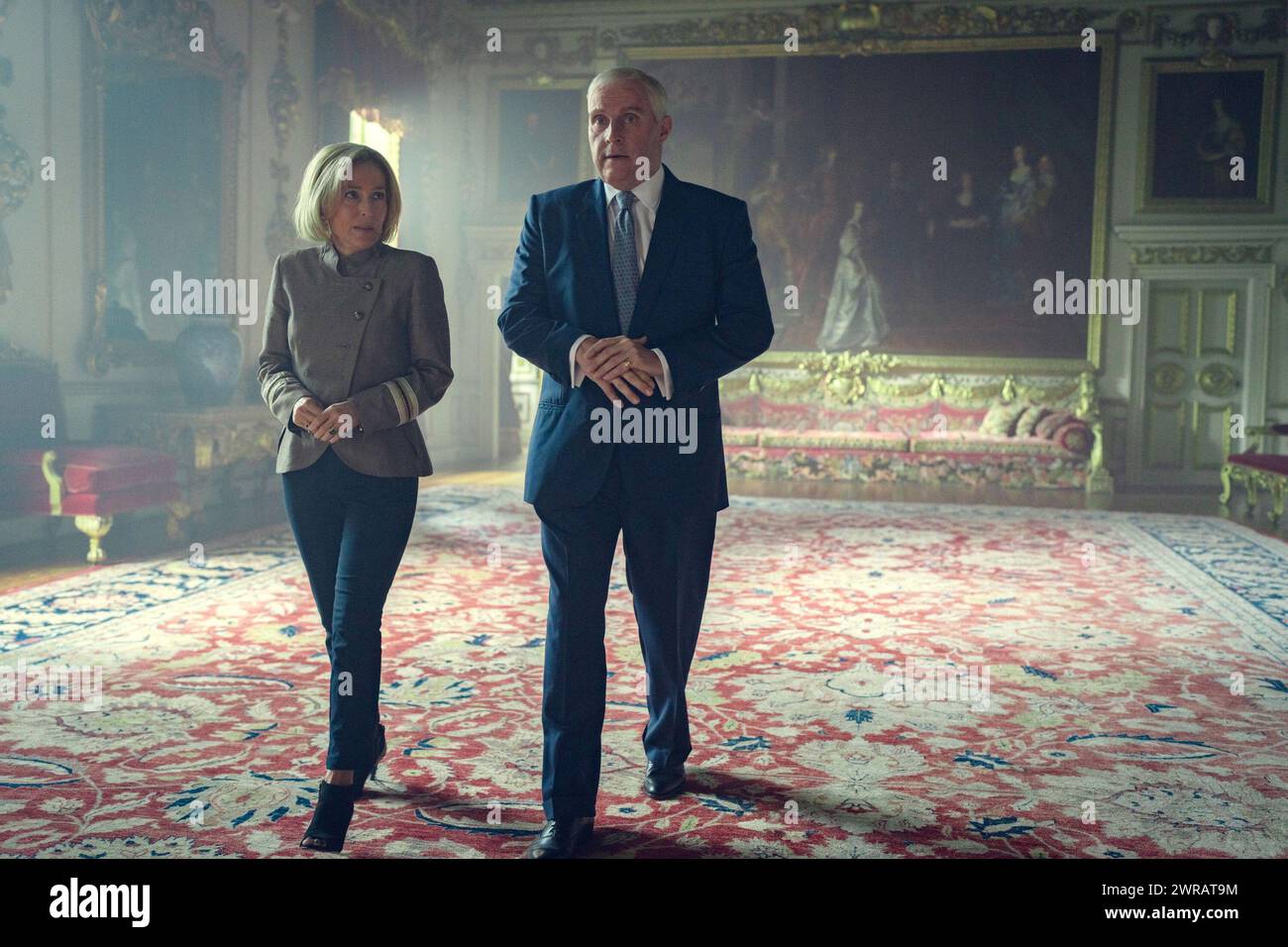 SCOOP, from left: Gillian Anderson, Rufus Sewell as Prince Andrew, 2024 ...