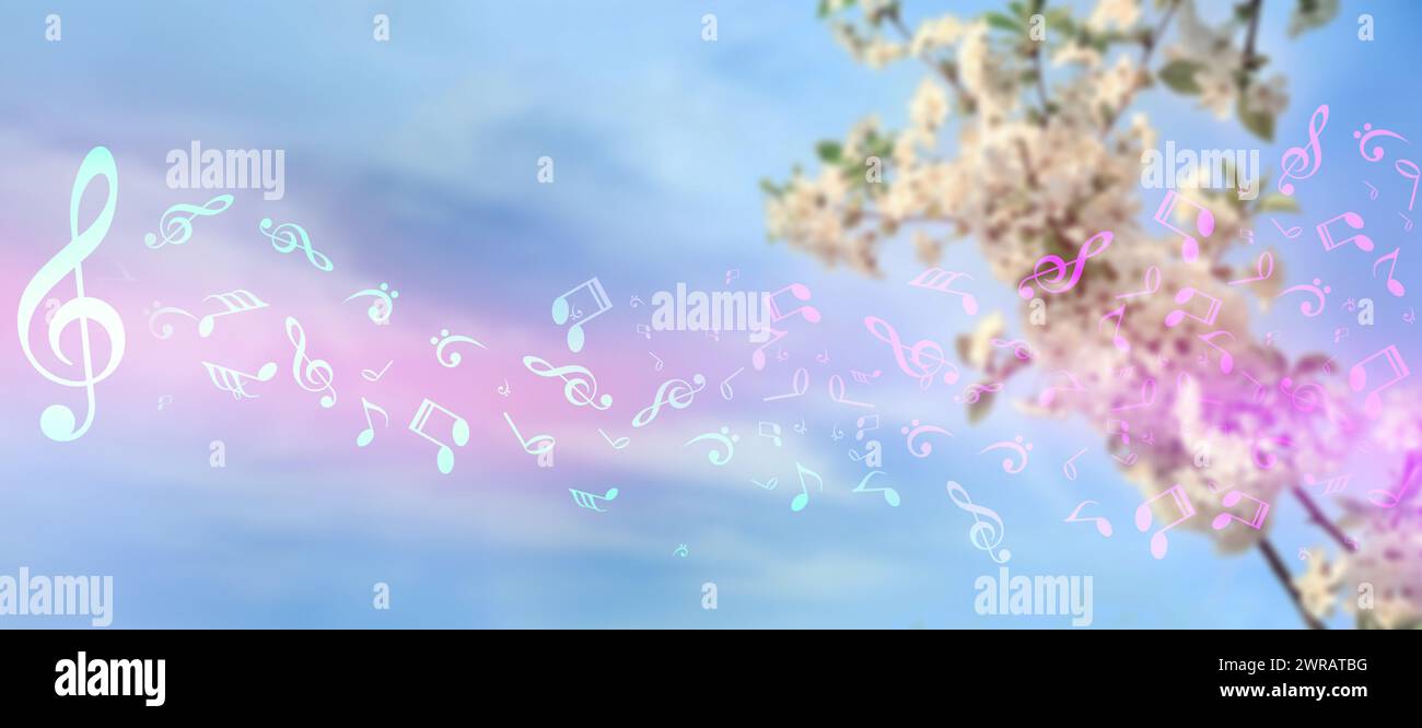 Flying music notes and blooming tree on spring day Stock Photo - Alamy