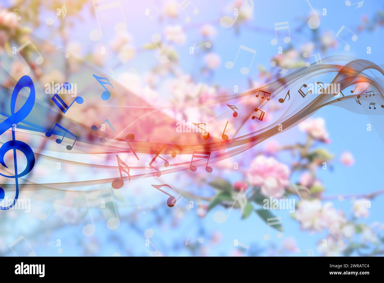 Flying music notes and blooming tree on spring day Stock Photo - Alamy