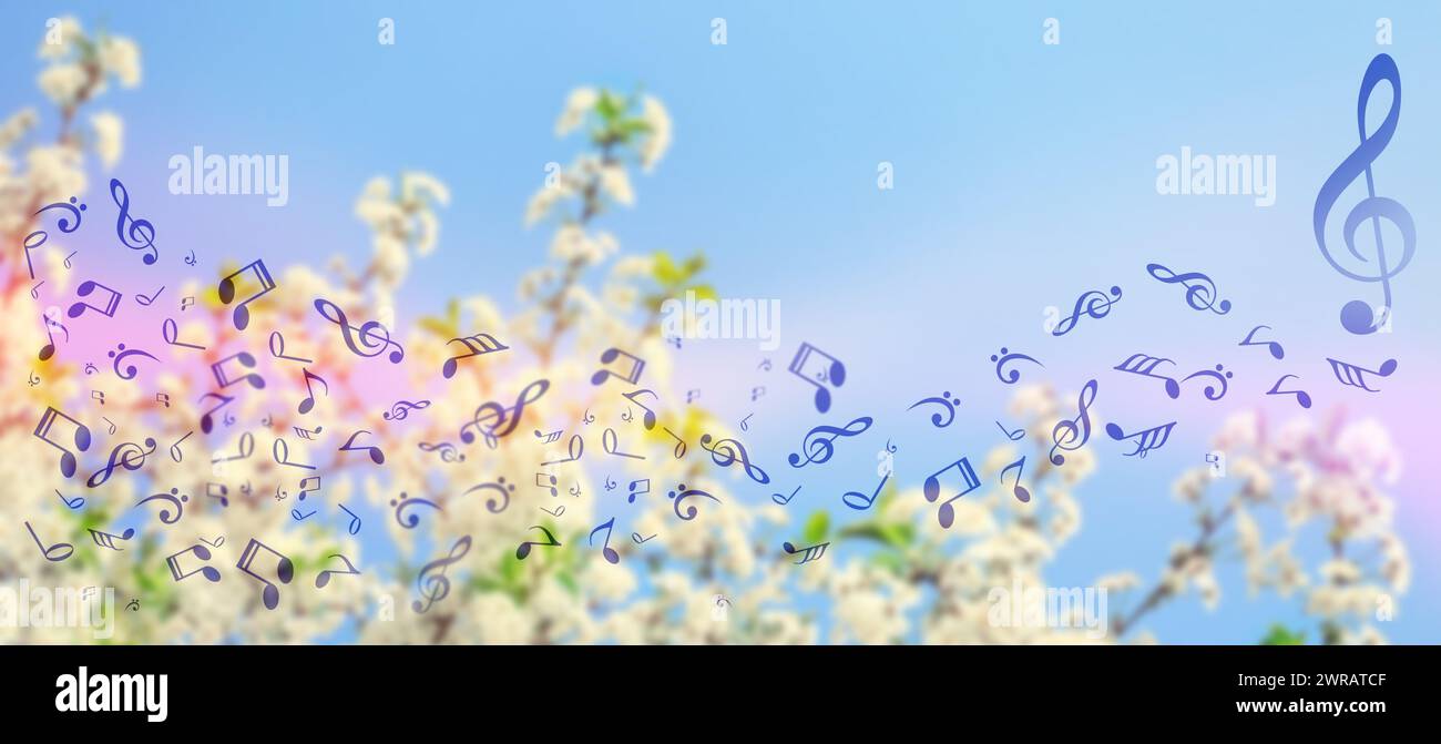 Flying music notes and blooming tree on spring day Stock Photo - Alamy