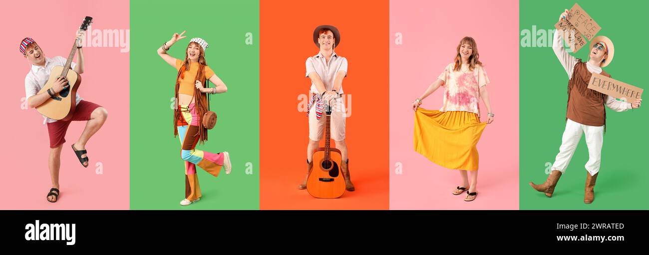 Collage of young hippies on color background Stock Photo - Alamy