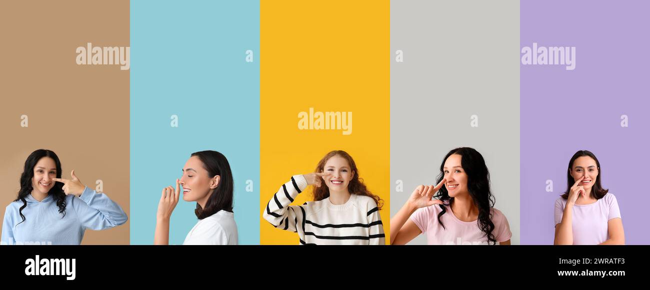 Collage of young women pointing at their noses on white background ...