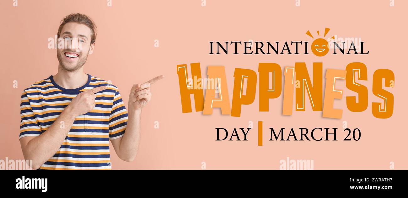 Banner for International Day of Happiness with happy man Stock Photo ...