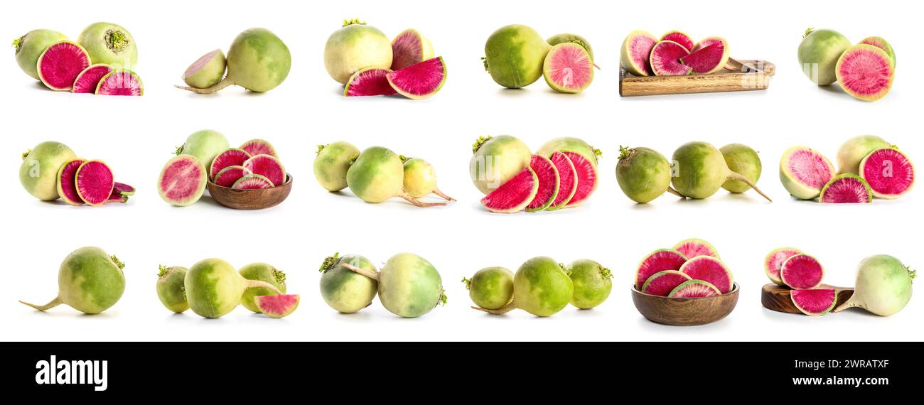 Set of fresh watermelon radishes on white background Stock Photo - Alamy