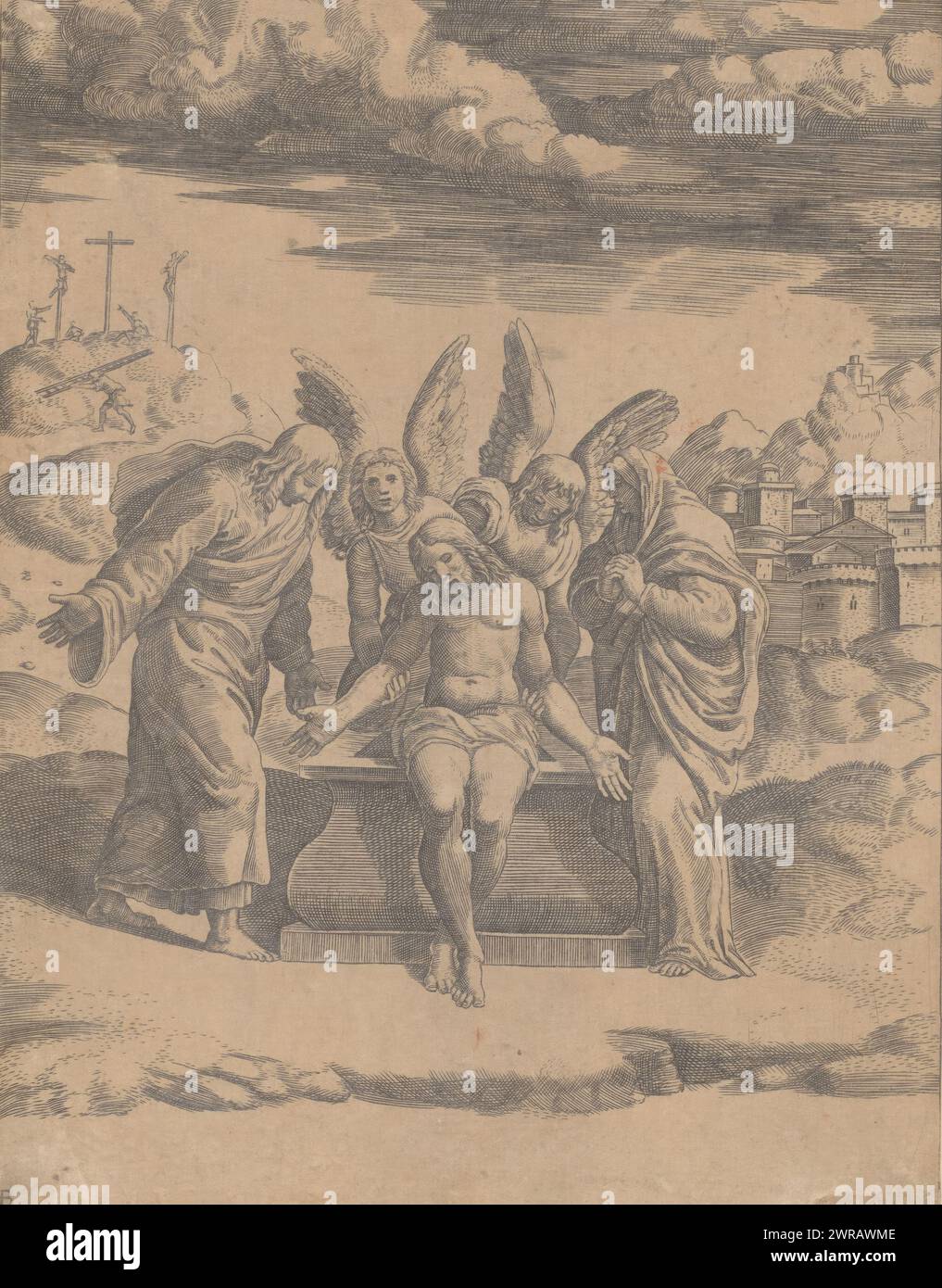 Entombment of Christ, Christ before the grave, supported by two angels. Next to the grave are ...