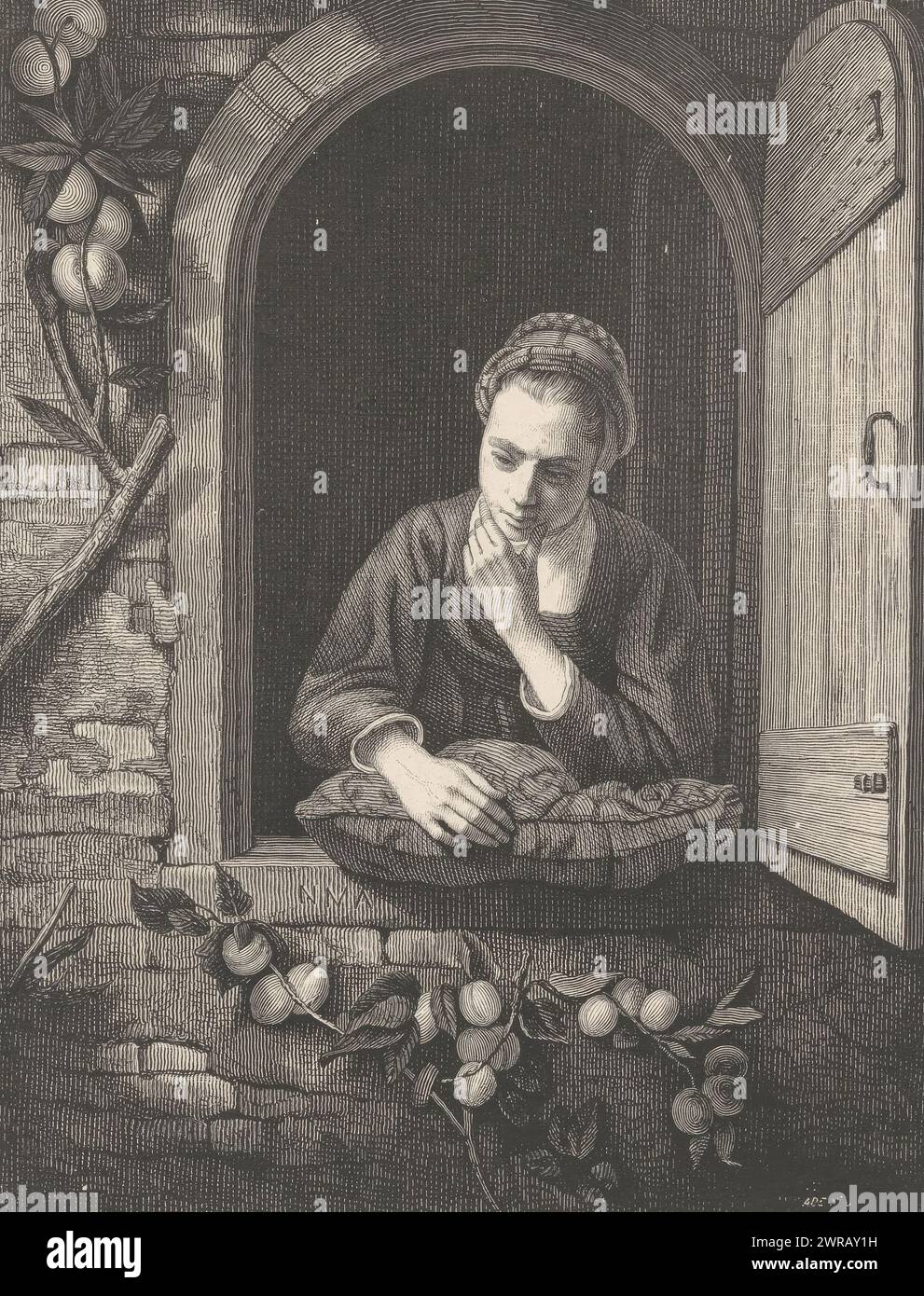 Young woman in a window, print maker: Eduard Ade, after painting by ...