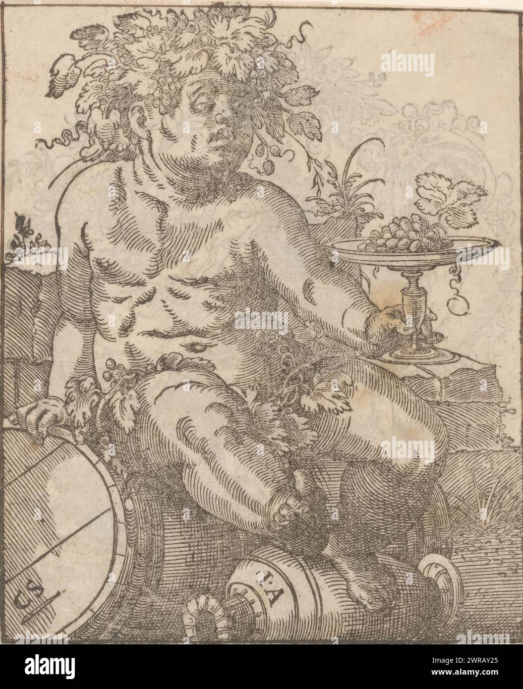 Bacchus on a wine barrel, print maker: Christoph Stimmer, after design ...