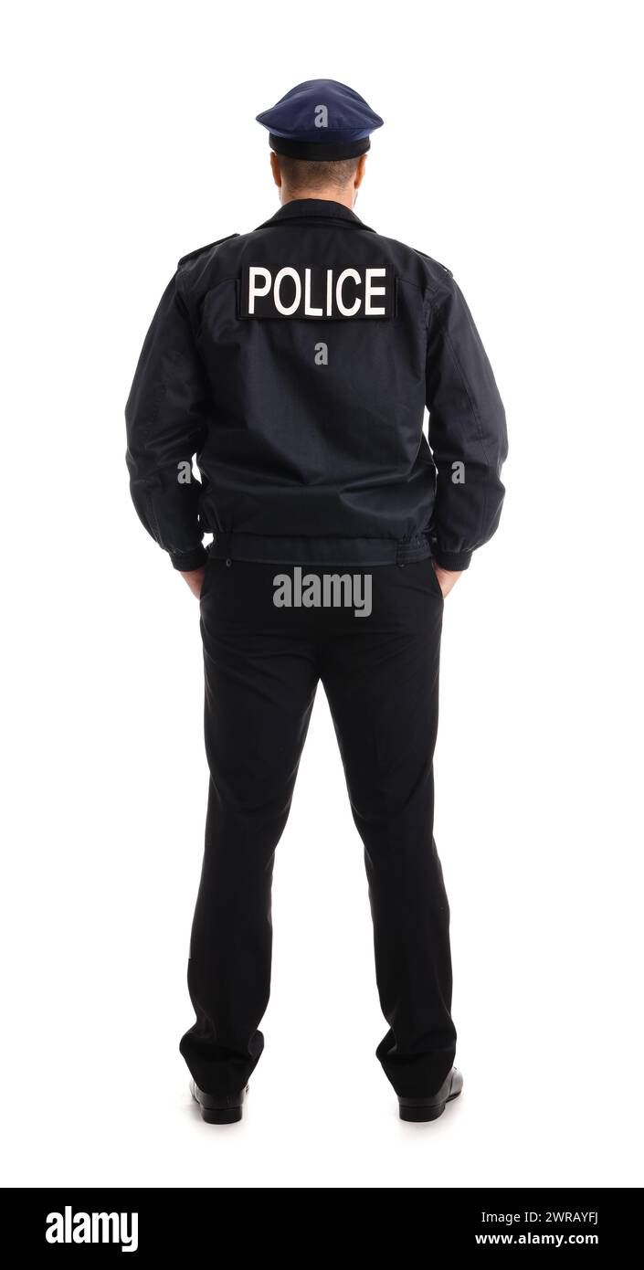 Male police officer on white background, back view Stock Photo - Alamy