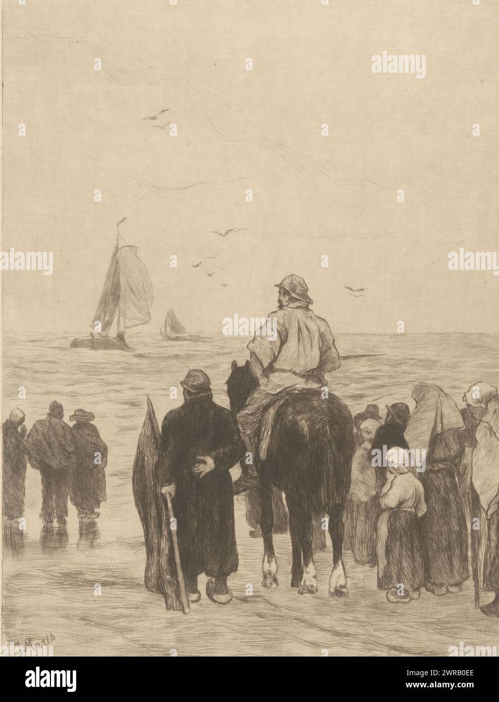 Group of figures in the surf, two sailing boats at sea, Le Return des ...