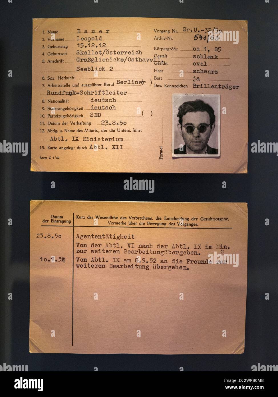 Prisoner information cards for Leo Bauer on display in the permanent ...