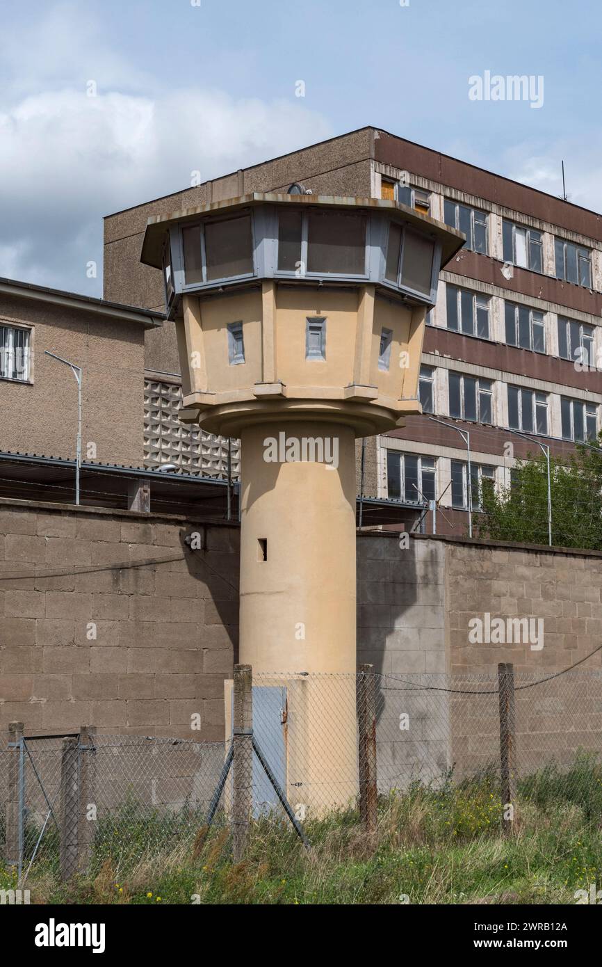 A Guard tower on the outside wall of the former Cold War Stasi prison ...
