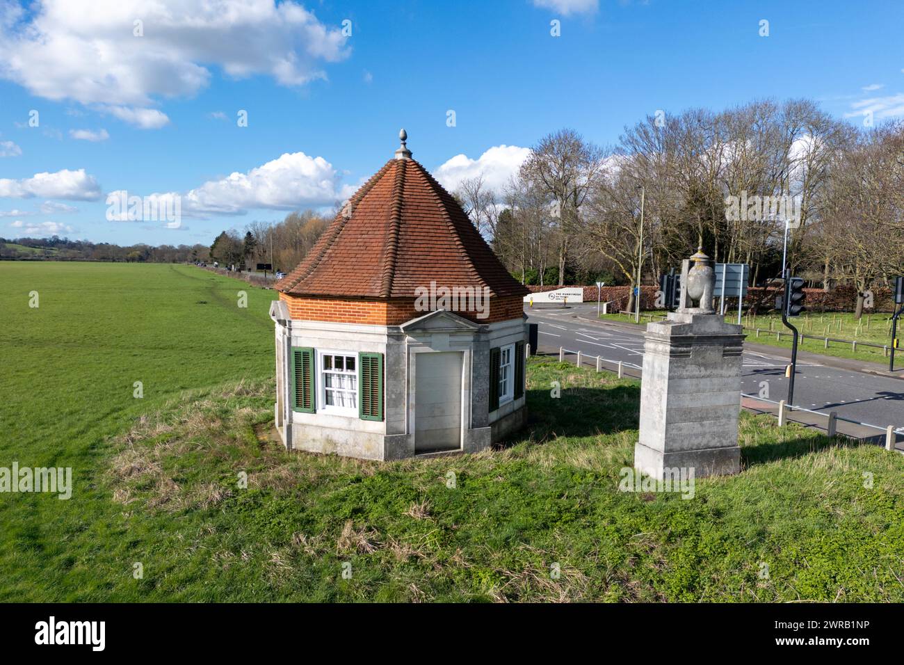 Aerial view of a memorial kiosk, Runnymede, Surrey, England, UK Stock ...