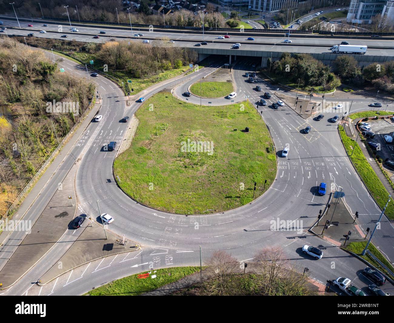 Aerial view of the Egham Bypass roundabout in Runnymede, Surrey ...