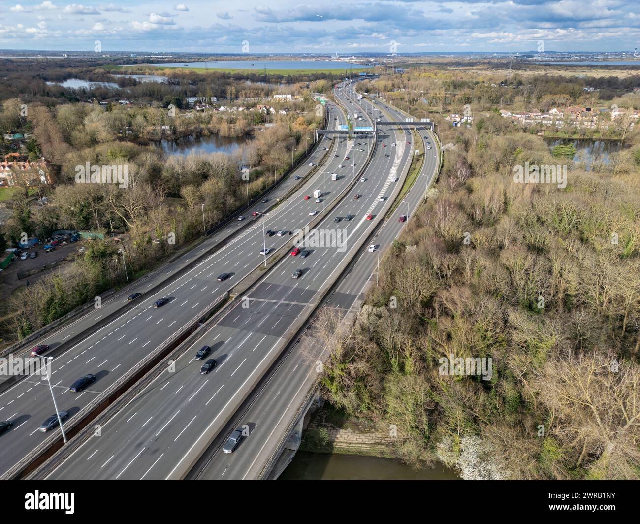 Aerial view of the M25 motorway near Runnymede, Surrey, England, UK ...