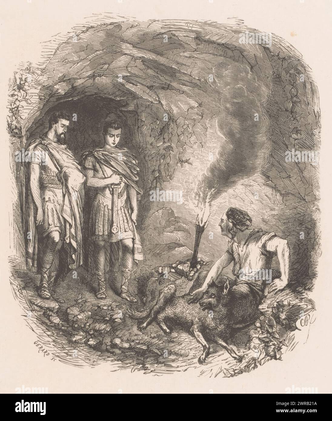 Two soldiers with a witch in a cave, print maker: Théodore Gérard ...