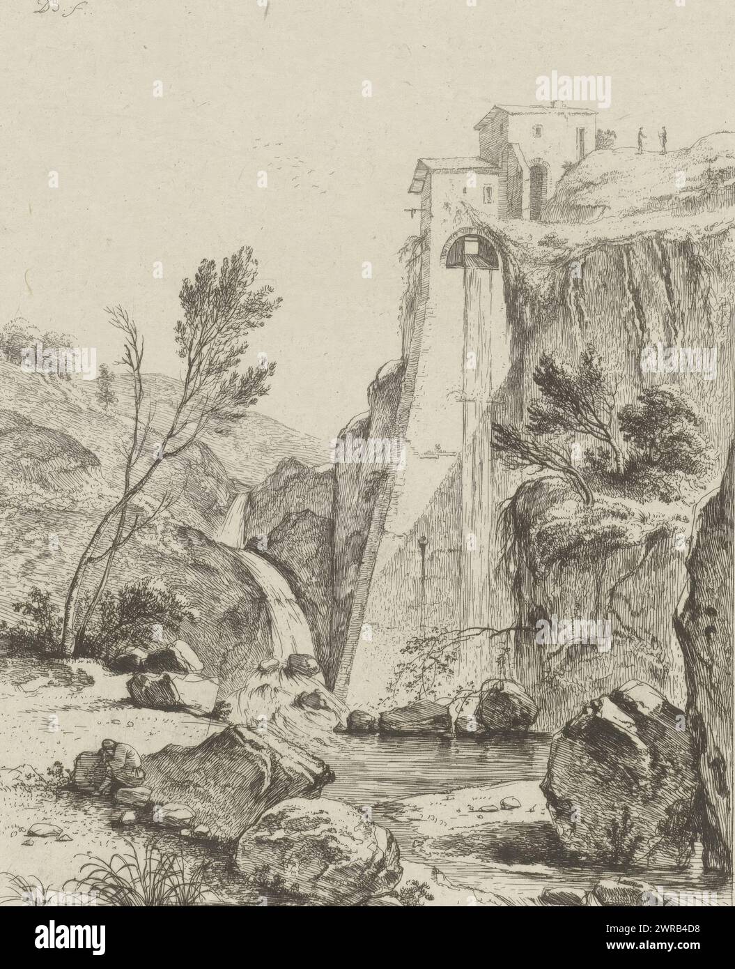 View of a waterfall falling from a high-rise building, print maker ...