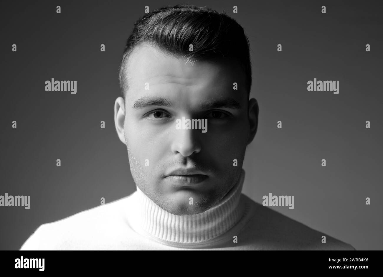 Man close up face with glossy hairstyle. Barbershop concept. Handsome ...