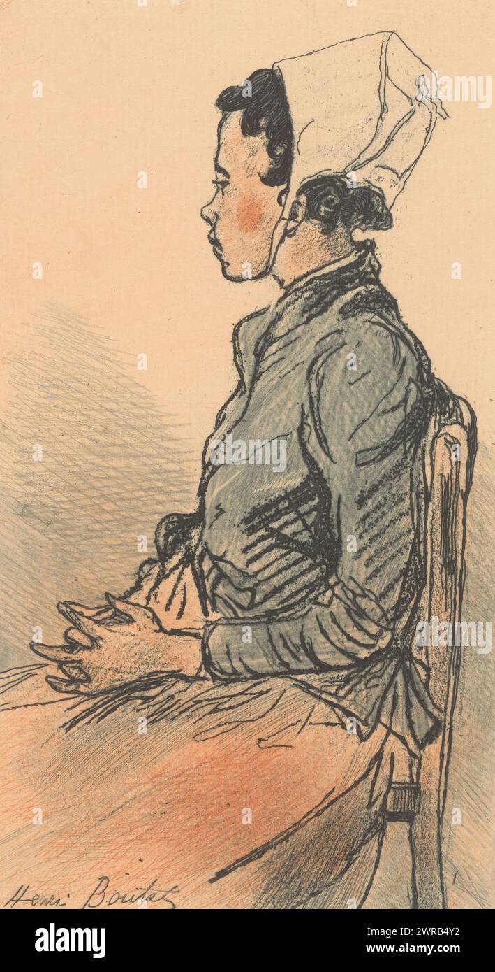 Side view of a young woman on a chair, print maker: Henri Boutet, 1861 ...