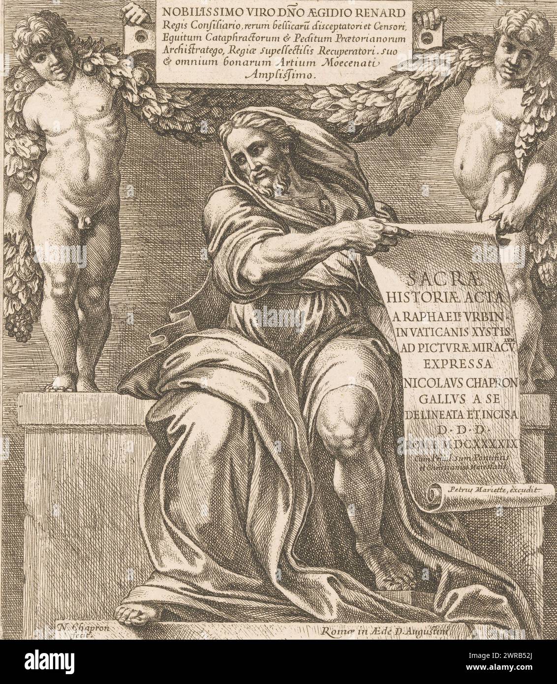 Title print with the prophet Isaiah with paper scroll and two putti ...