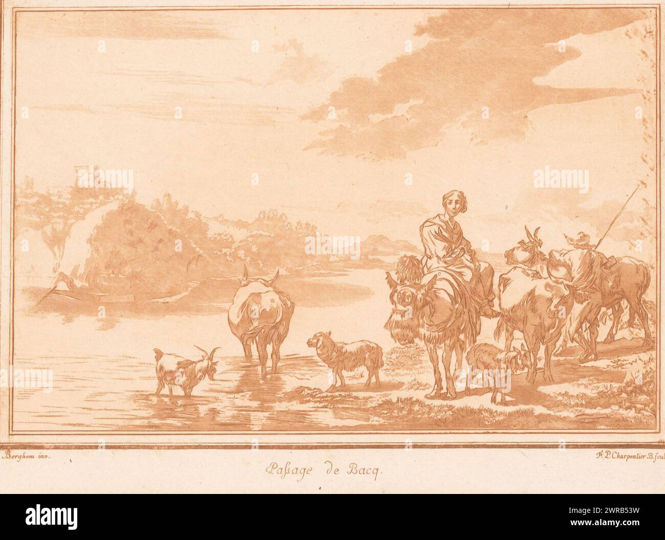 Mediterranean river landscape with shepherds, Passage de Bacq. (title ...