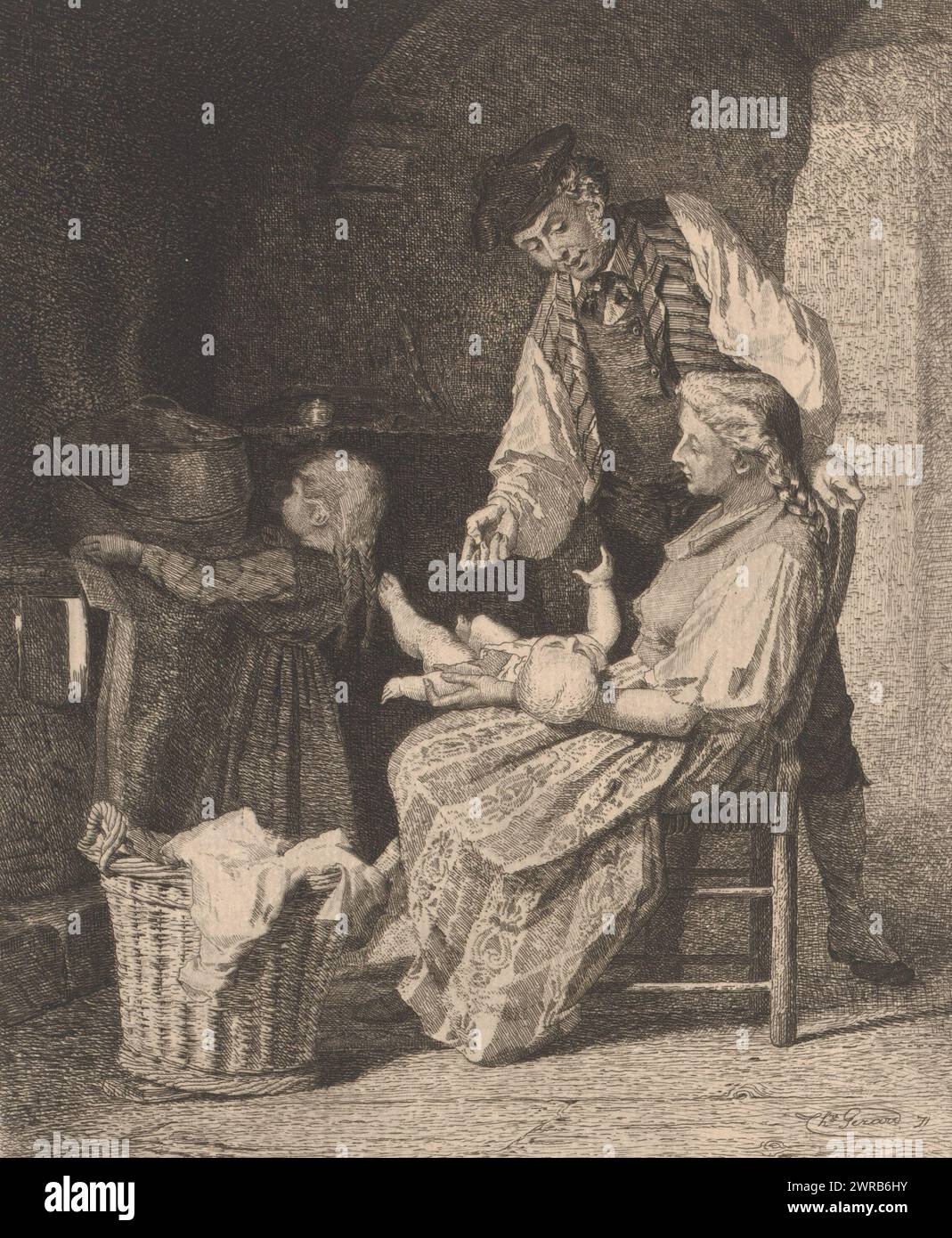 Family scene with a married couple, a baby and a young girl, print ...