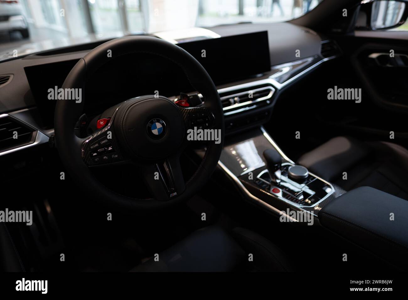 black Interior BMW M2 all-electric car, closeup steering wheel ...