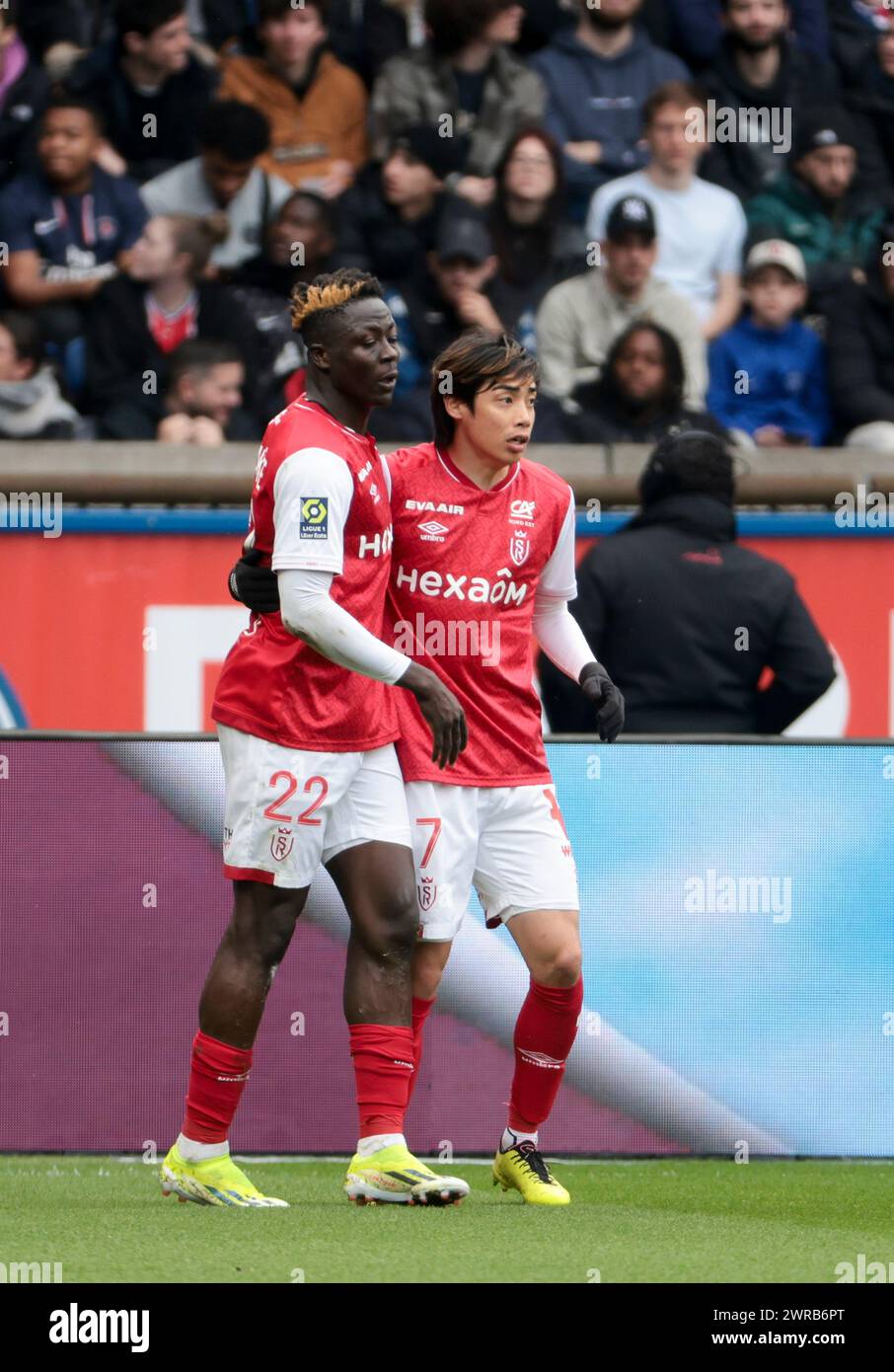 Paris, France. 10th Mar, 2024. Oumar Diakite of Reims celebrates his ...